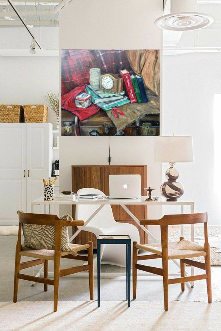 Still life on old suitcase Still life with books and a grand clock oil ...