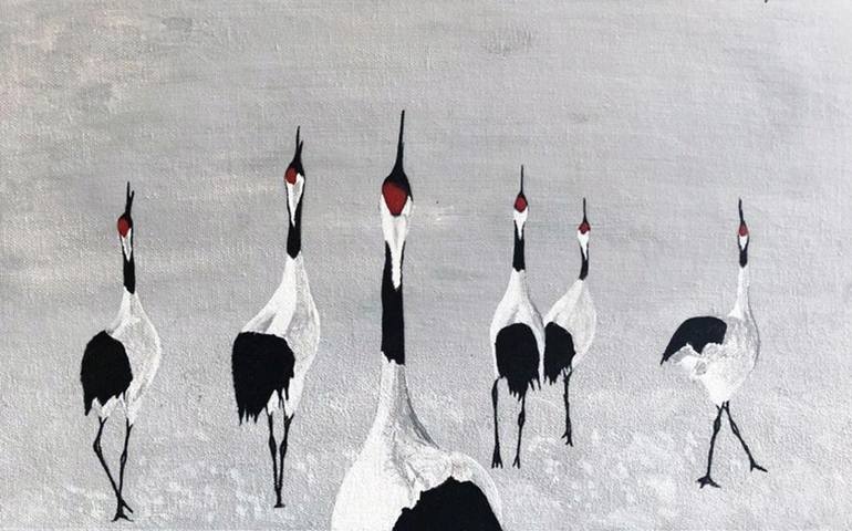 Red Crowned Crane In Snow Painting by Mehul Bhuva | Saatchi Art