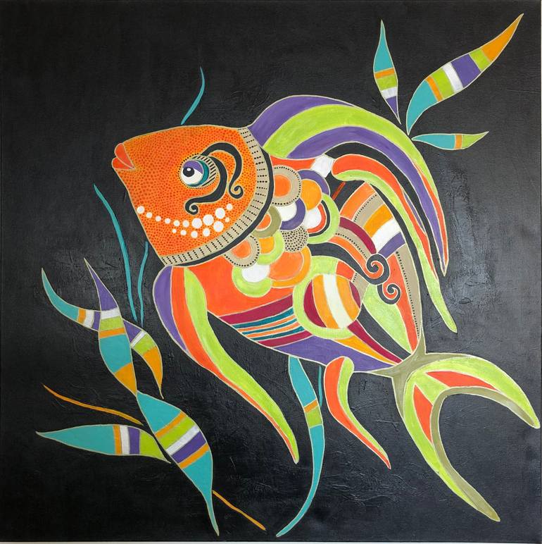 Fish/Black rough background Painting by Graciela Xavier | Saatchi Art