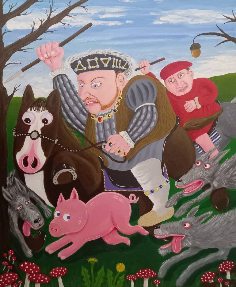 King Henry goes pig hunting with toothless hounds. Painting by Kevin ...