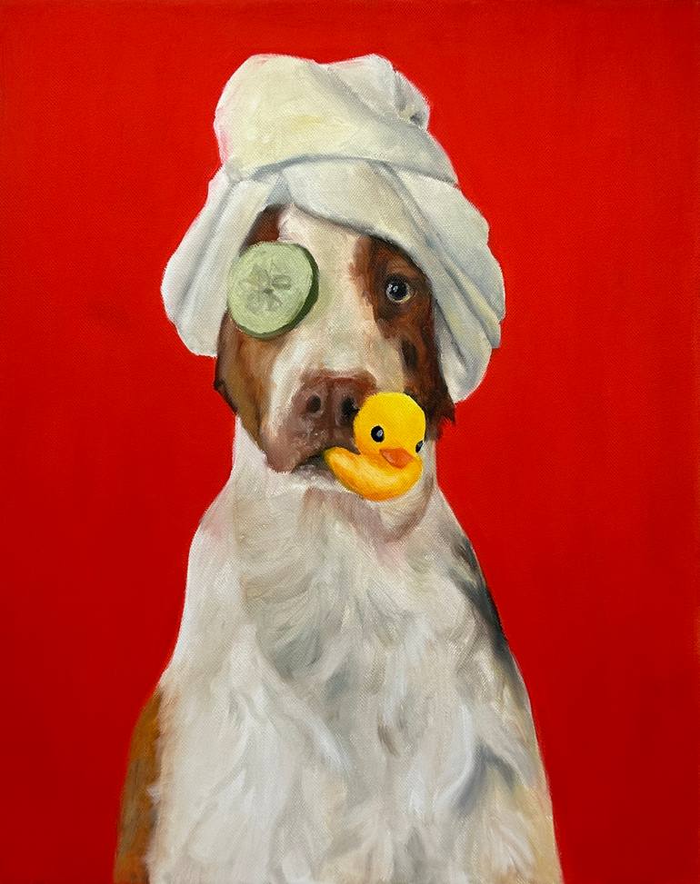 50x40 cm - Pampered Pup Spa Day Painting by Victo Artist | Saatchi Art