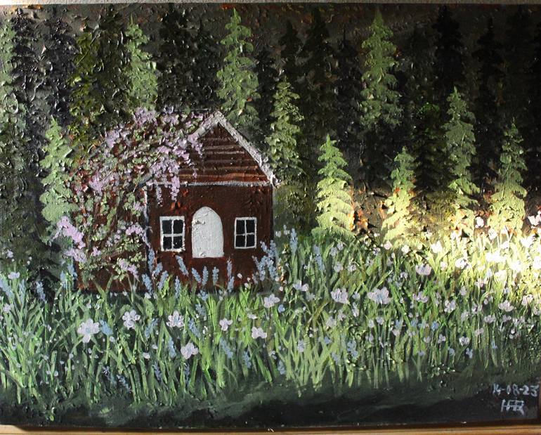 Hut among wild Flowers Painting by Haleema Asif | Saatchi Art