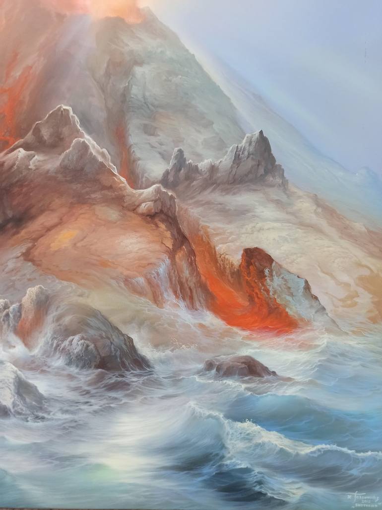Flaming Volcano - 70x100cm Original Oil Painting Signed Painting by ...