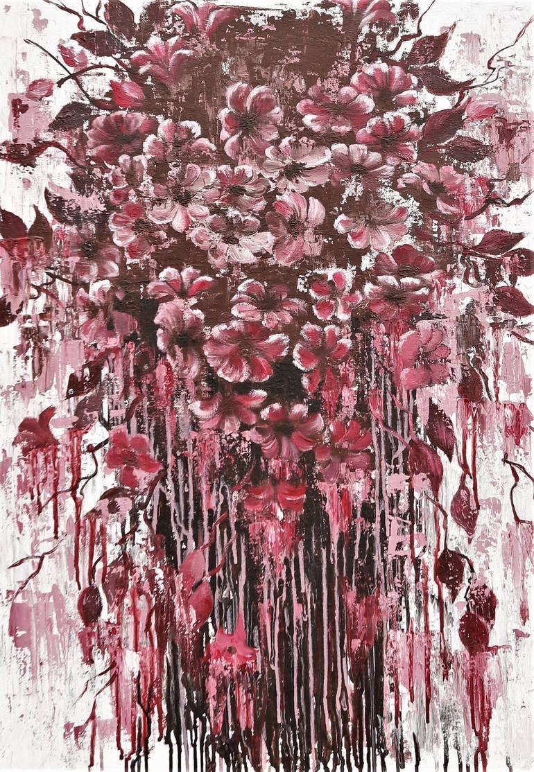 withering flowers. drips, burgundy, white, strokes, texture, the black ...