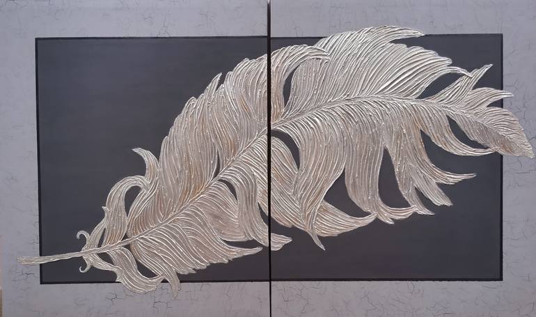 SILVER FEATHER. DIPTYCH - original texture acrylic painting, deep ...