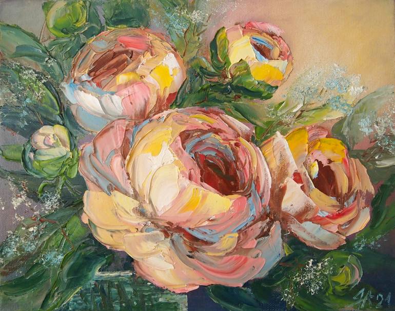 Original Floral Impasto Oil Painting Beige Peonies Painting by Yana ...