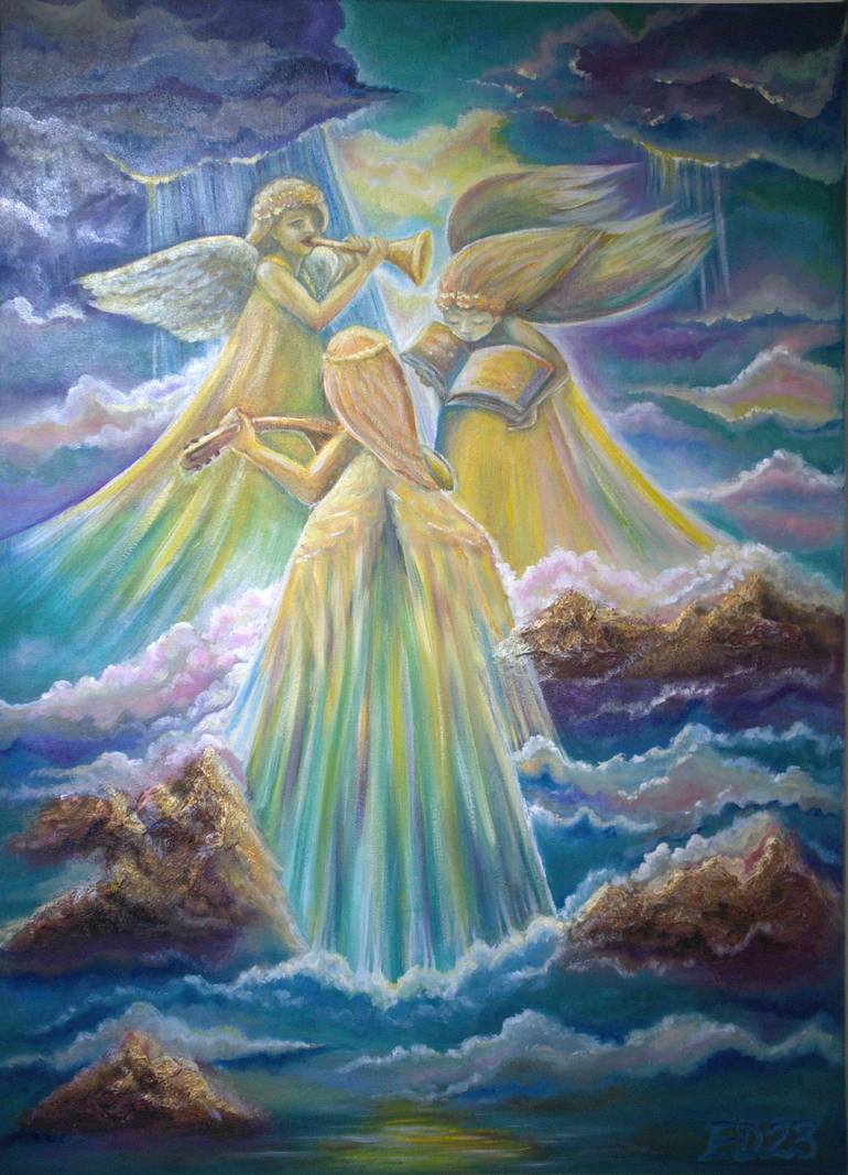 Trio. Angels. Pray for us. Painting by Elena Dunaeva | Saatchi Art