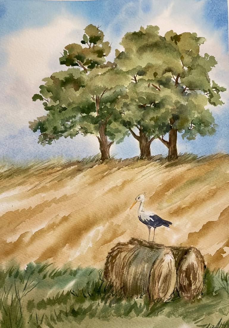 Landscape European White Stork Oak Trees Painting by Elizabeth Altin ...