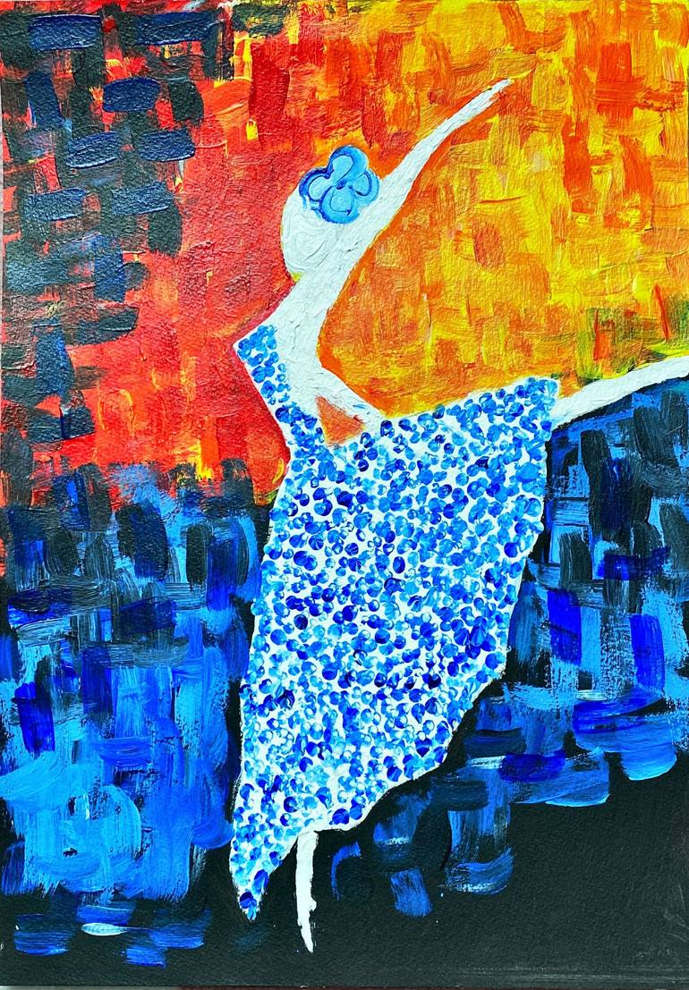 Happy dancer in a blue dress Painting by Adam Kotecki | Saatchi Art