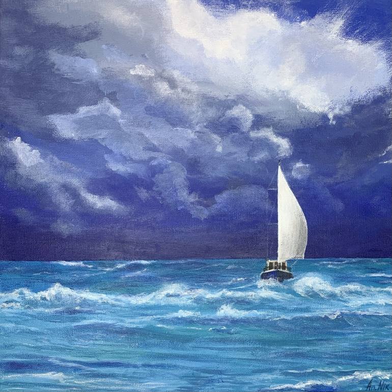 White sail - original painting, seascape, sea, storm Painting by ...