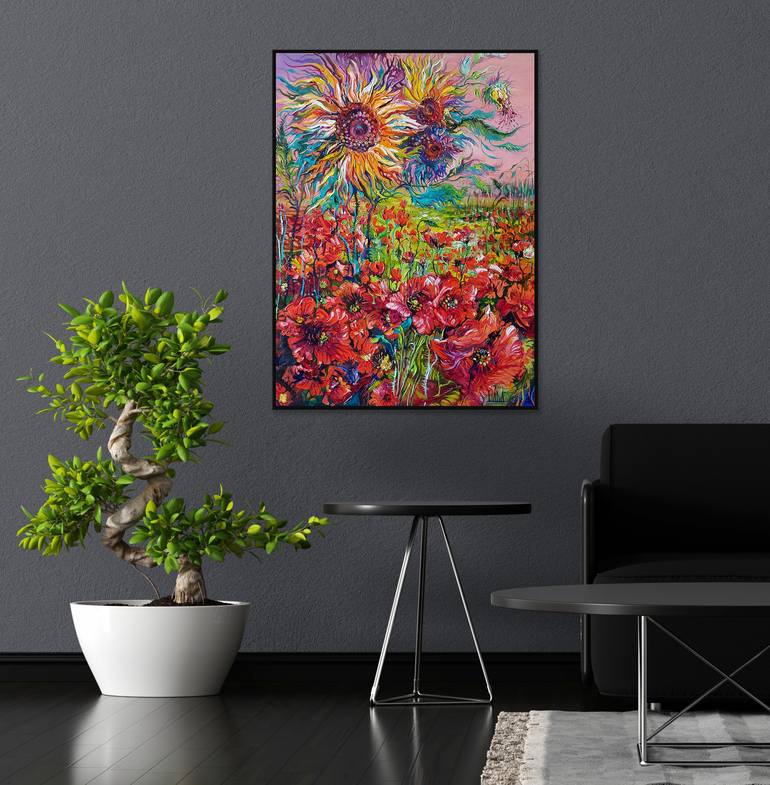 Sunflowers and Poppies Flower Field Oil Painting Painting by Lada ...