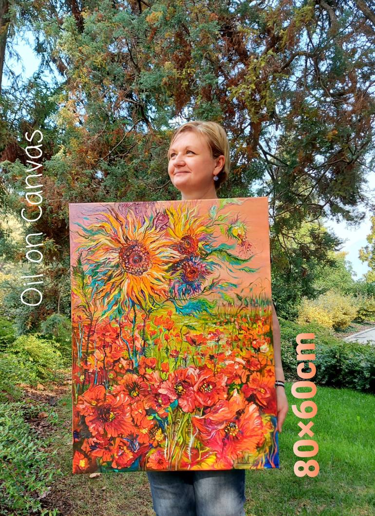Sunflowers and Poppies Flower Field Oil Painting Painting by Lada ...