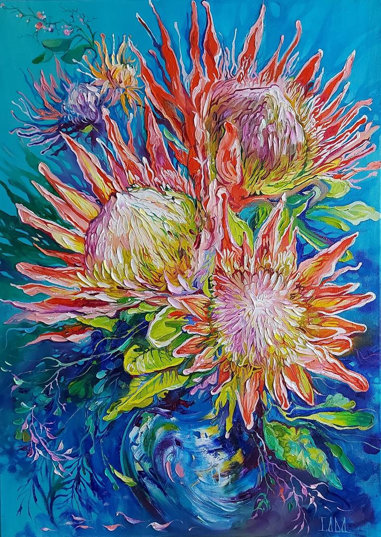 Red Fire Protea Painting by Lada Stukan | Saatchi Art