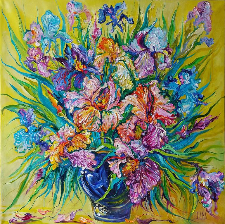 Iiris Flowers on Yellow Background Painting by Lada Stukan | Saatchi Art