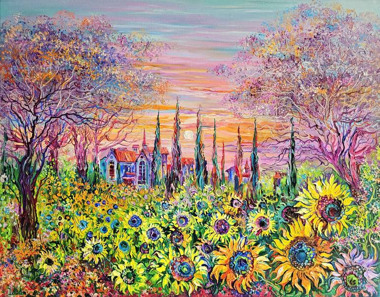 Tuscany Sunrise Sunflower Field Painting by Lada Stukan | Saatchi Art