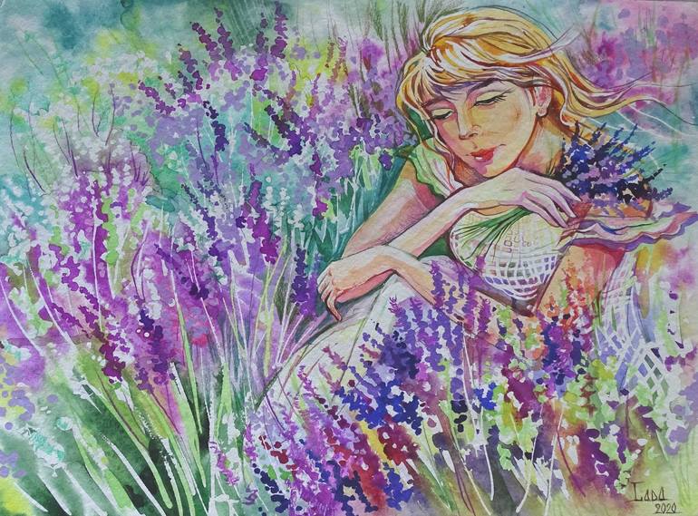 The girl in the lavender field - Watercolor, Acrylic, Pastel on paper ...