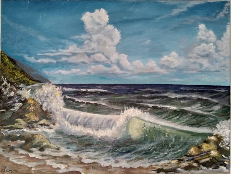 Crashing wave over rocks Painting by James Sampson | Saatchi Art