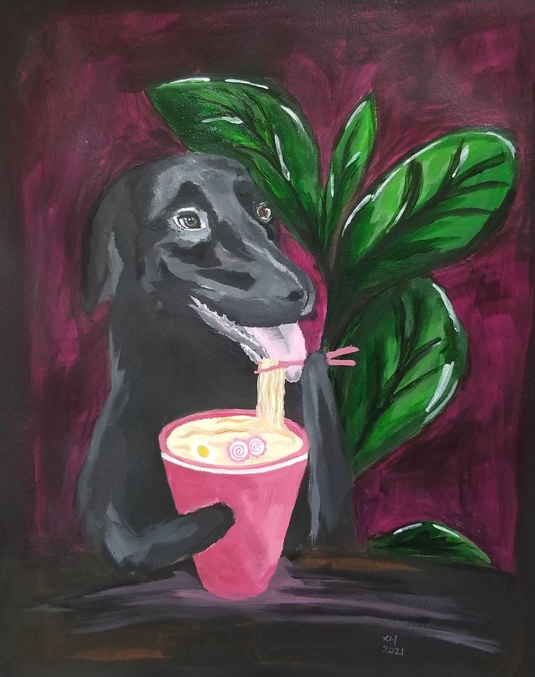 Black Lab Eating Ramen Painting by Abby Halcomb | Saatchi Art