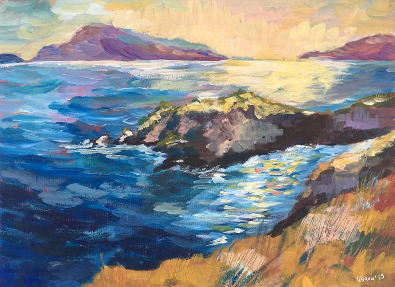 Mediterranean seascape with a cliff in the sun spray. Painting by Olga ...
