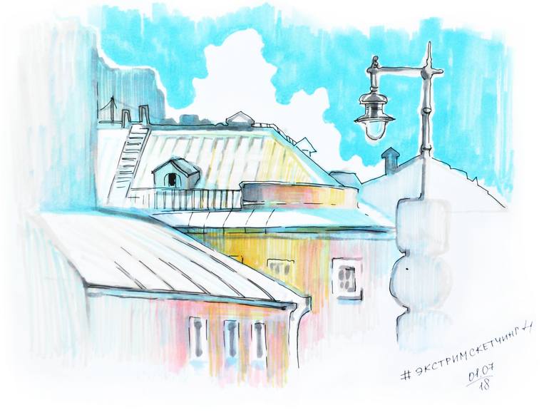 Architectural urban sketch with old houses roofs. Drawing by Olga Usova ...
