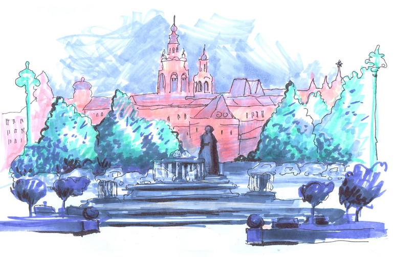 Architectural sketch of the center of Moscow in evening color. Drawing ...