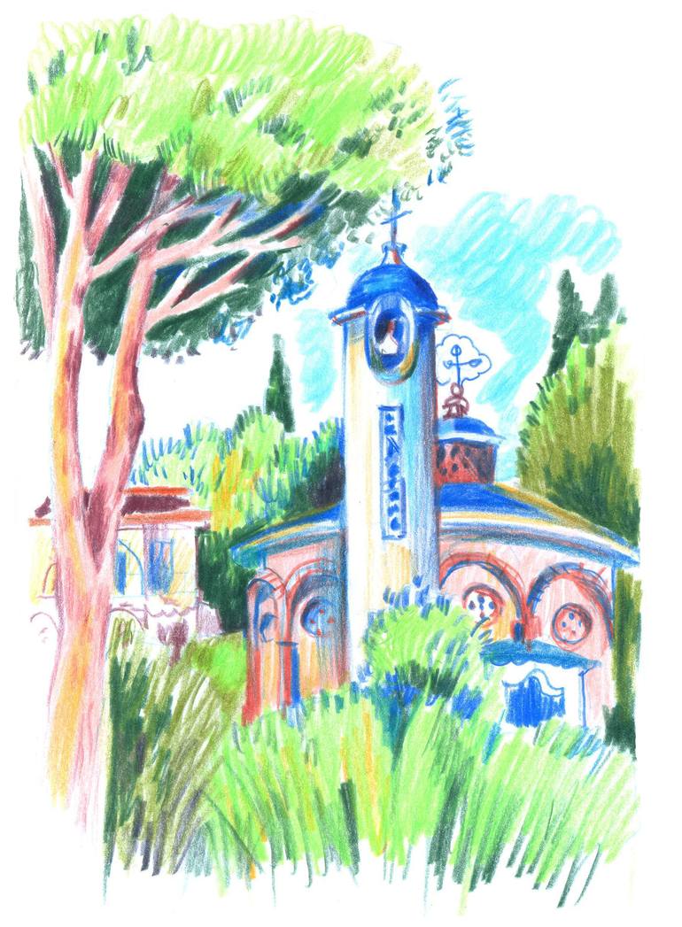 Church in Italy in the midst of greenery. Drawing by Olga Usova ...