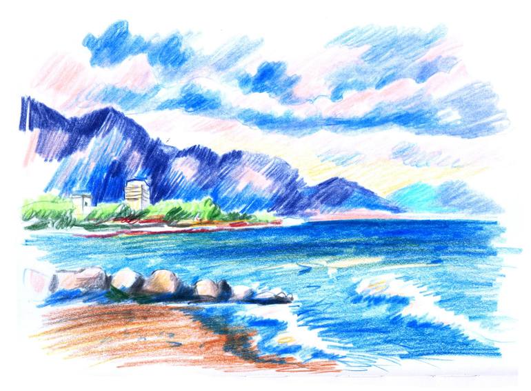 Mediterranean graphic landscape with clouds and rocks Drawing by Olga Usova | Saatchi Art