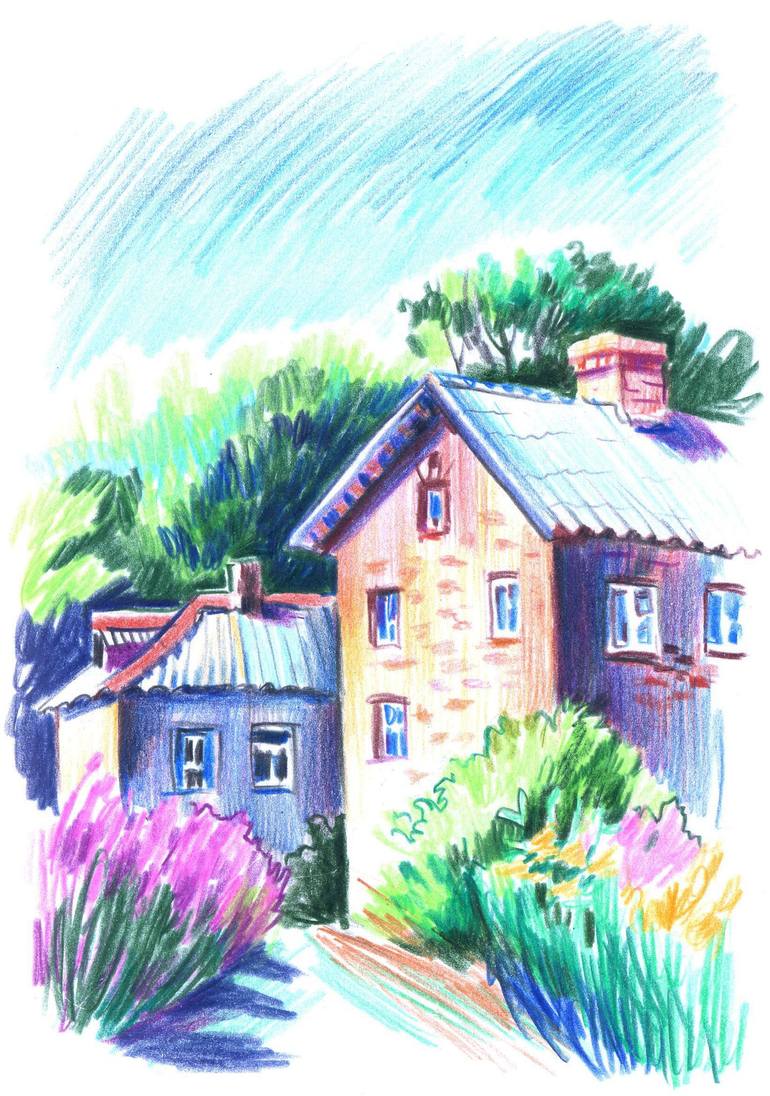Village sketch of houses in the garden Drawing by Olga Usova | Saatchi Art