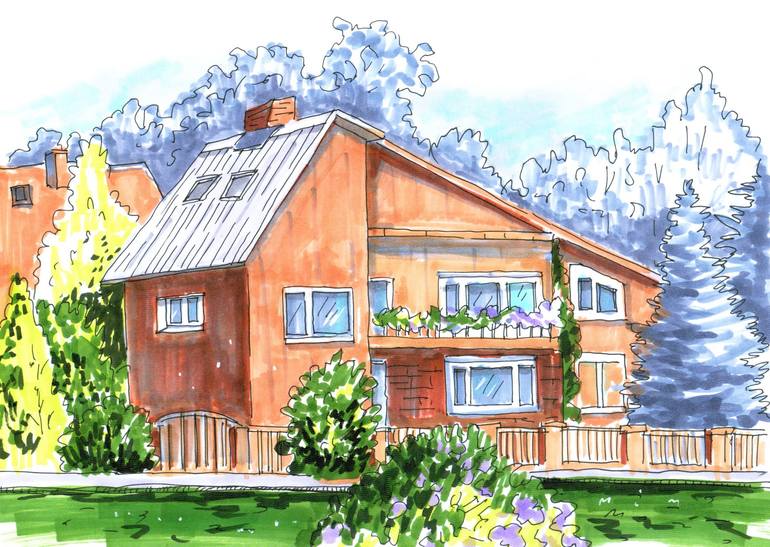 Rustic landscape of a house in the woods with a garden Drawing by Olga ...