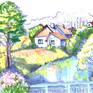 Rustic landscape on the river with houses Drawing by Olga Usova ...