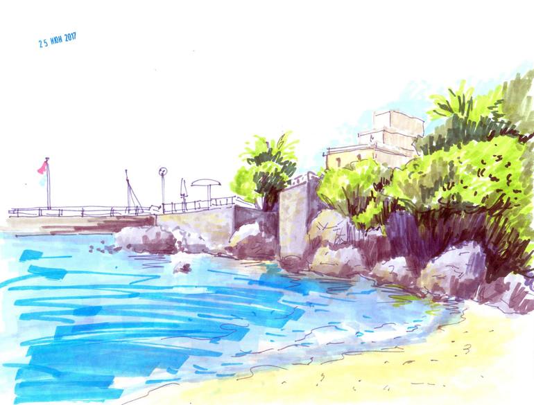 Seascape coast and beach Drawing by Olga Usova | Saatchi Art