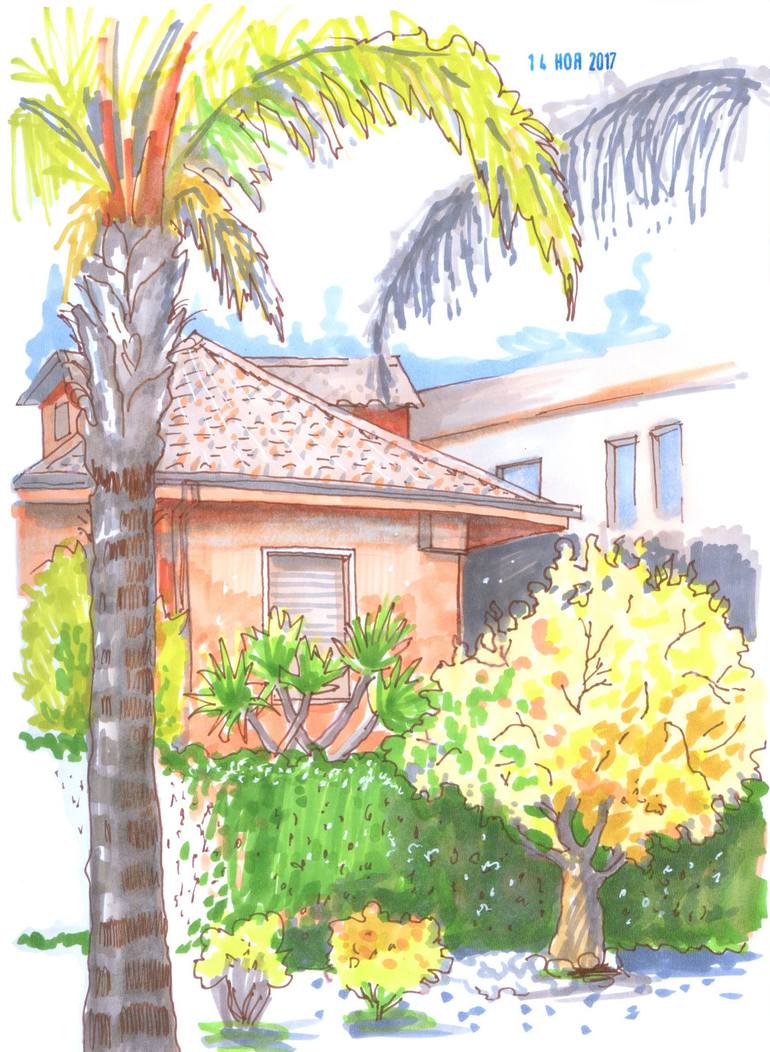 Exotic landscape with a palm tree and a house in the village Drawing by ...