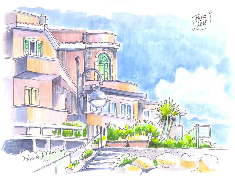 Sketch of landscape of an Italian street with trees. Drawing by Olga ...