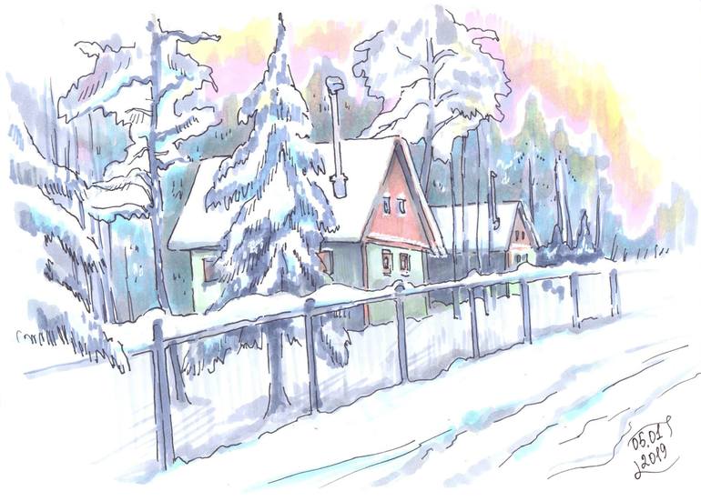 Rustic winter landscape in a snow-covered forest Drawing by Olga Usova ...