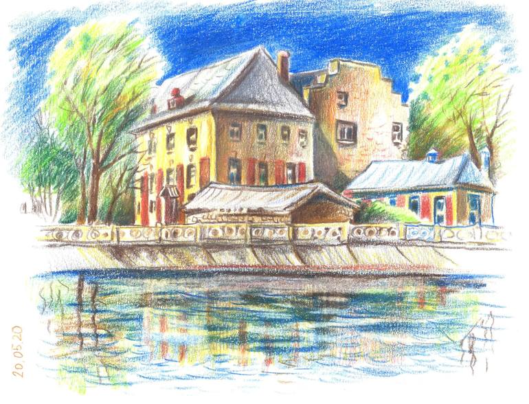 Houses on the embankment Drawing by Olga Usova | Saatchi Art