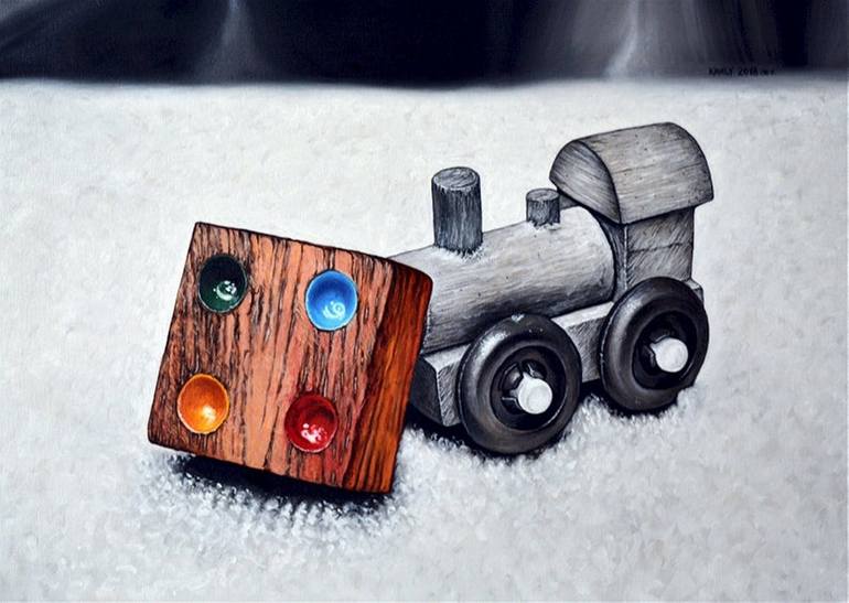 happy still life with train Painting by Andrew King | Saatchi Art