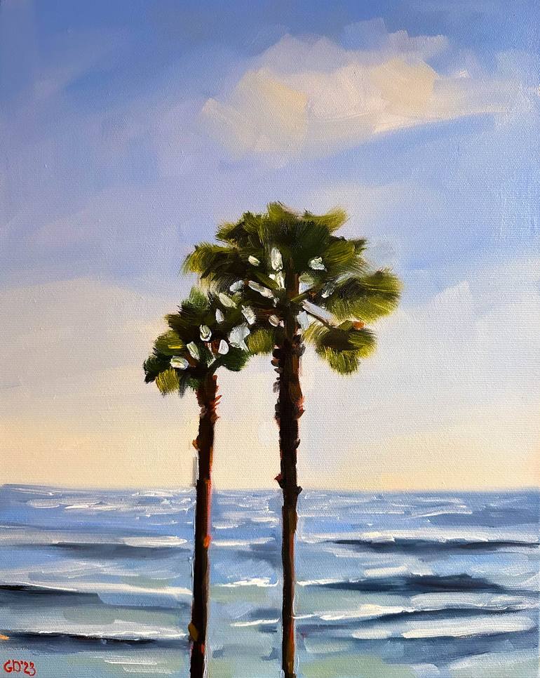 2 Palm Trees in California - Seascape Sky Ocean Art Painting by Daria ...