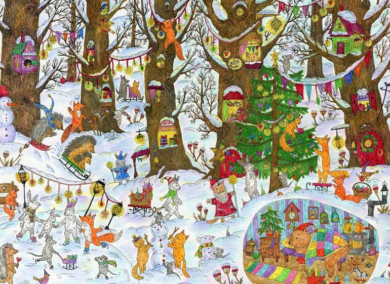Cute animals in a magical winter forest celebrate christmas. Drawing by ...