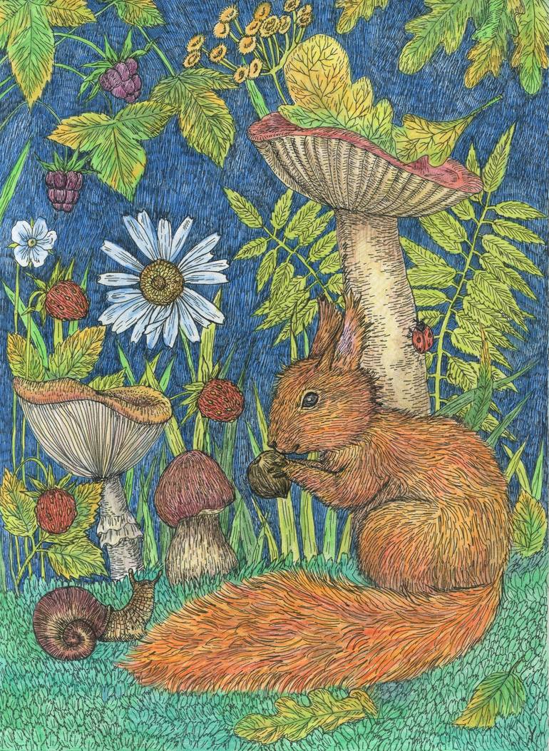 Cute squirrel in the forest next to mushrooms, flowers and berries ...