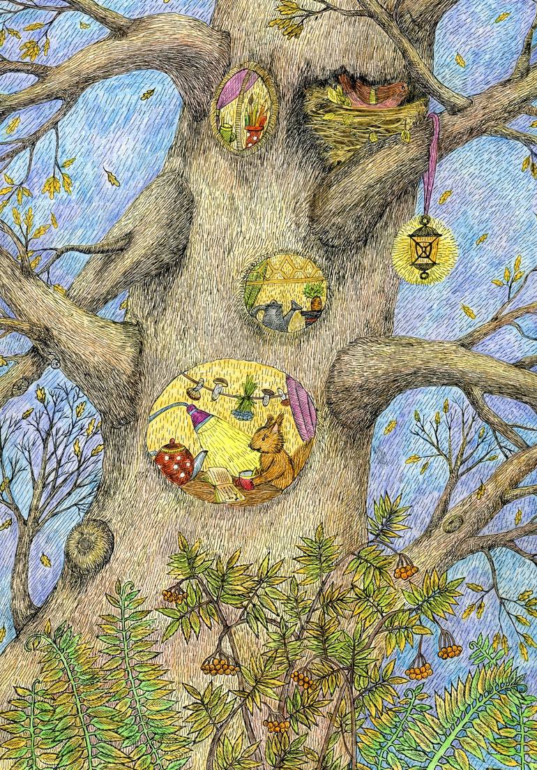 Squirrel on a tree in a cozy autumn forest. Drawing by Ekaterina ...