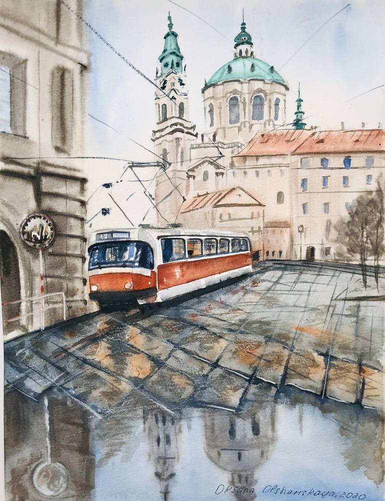 old tram Painting by OKSANA OLSHANSKAY | Saatchi Art