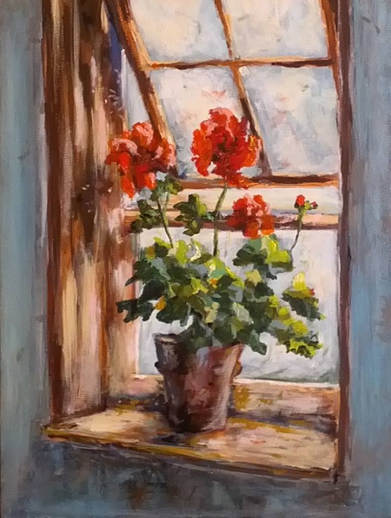 Flowers on windowsill Painting by Heshan Fernando | Saatchi Art