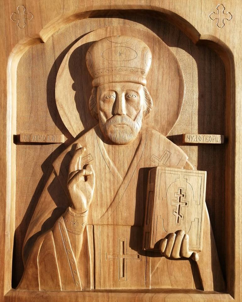 Wooden icon of St. Nicholas Sculpture by Andrey Nesterov | Saatchi Art
