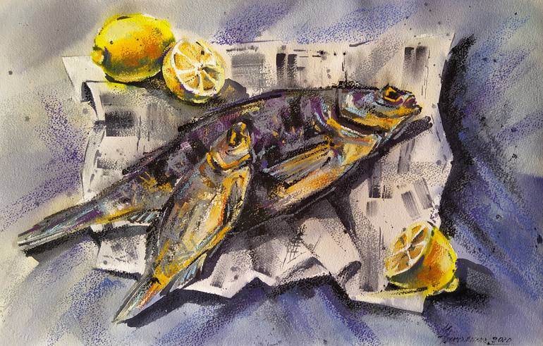 Still life with fish Painting by Maria Nikolina | Saatchi Art