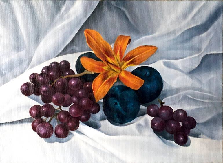 STILL LIFE WITH PLUMS, LILY AND GRAPES Painting by Tatiana ...