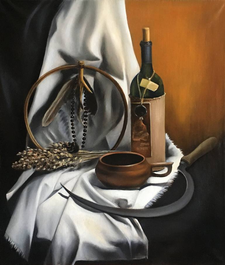 STILL LIFE WITH SICKLE, WINE AND CLAY MUG - classical oil painting ...