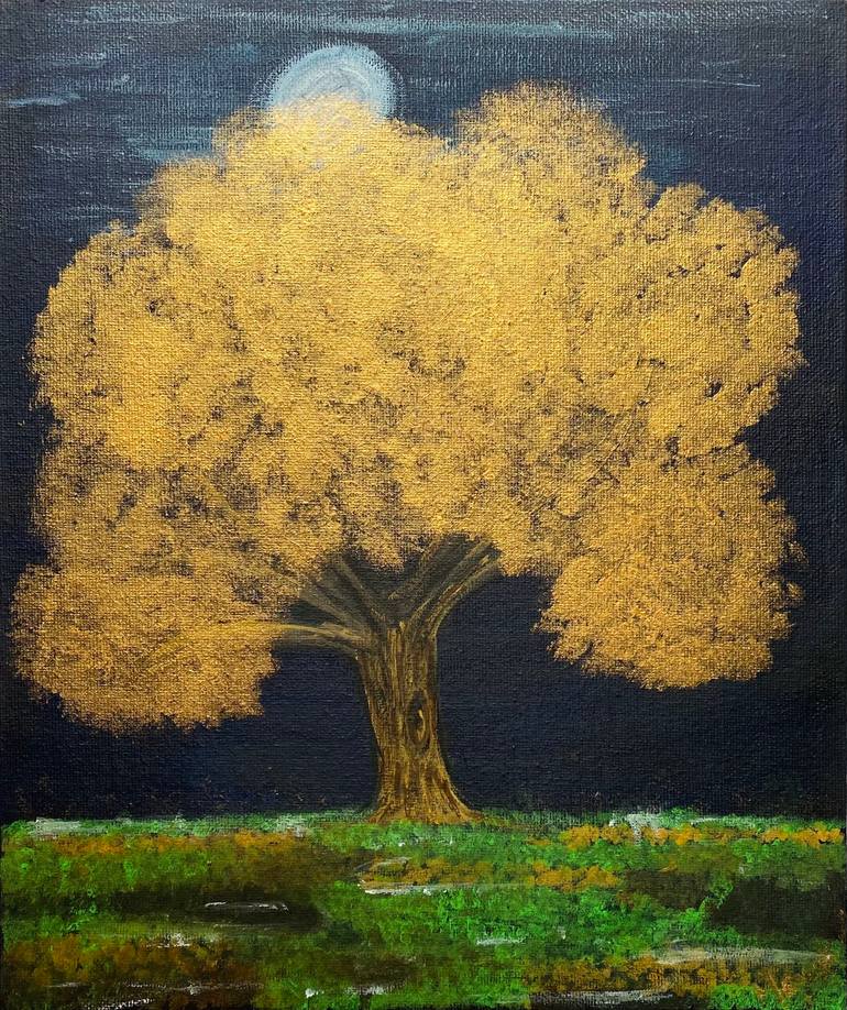 Golden tree in full moon night Painting by Mandakini Sharma | Saatchi Art