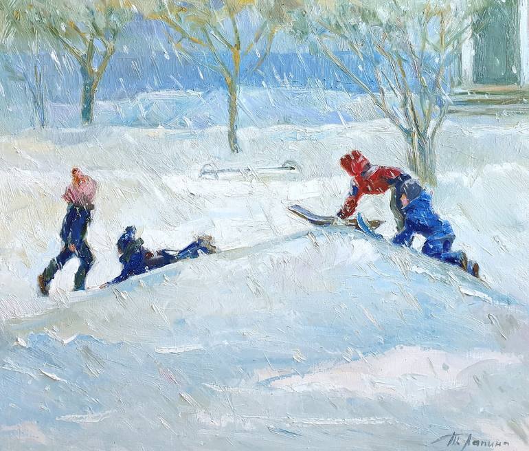 'Slide ride the happy childhood snowfall winter fun Painting by Tatiana ...