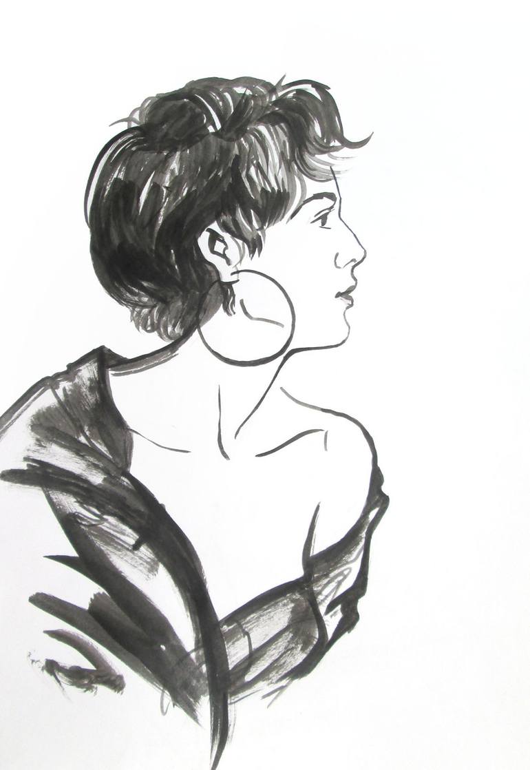 Beautiful female portrait in ink Drawing by Galina Lyutaeva | Saatchi Art