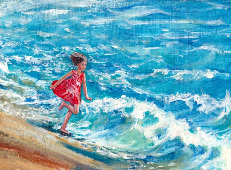Seascape and a girl in a red Painting by Galina Lyutaeva | Saatchi Art
